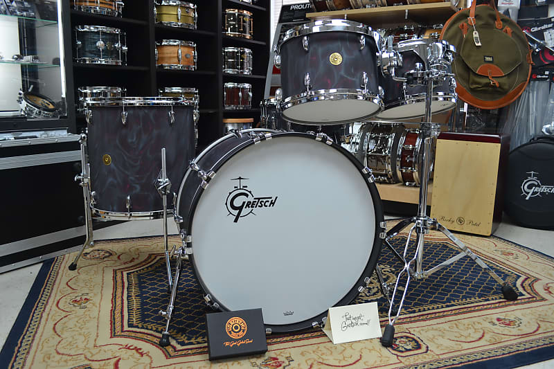 2019 Gretsch USA Custom Black Satin Flame 4pc kit | Reverb