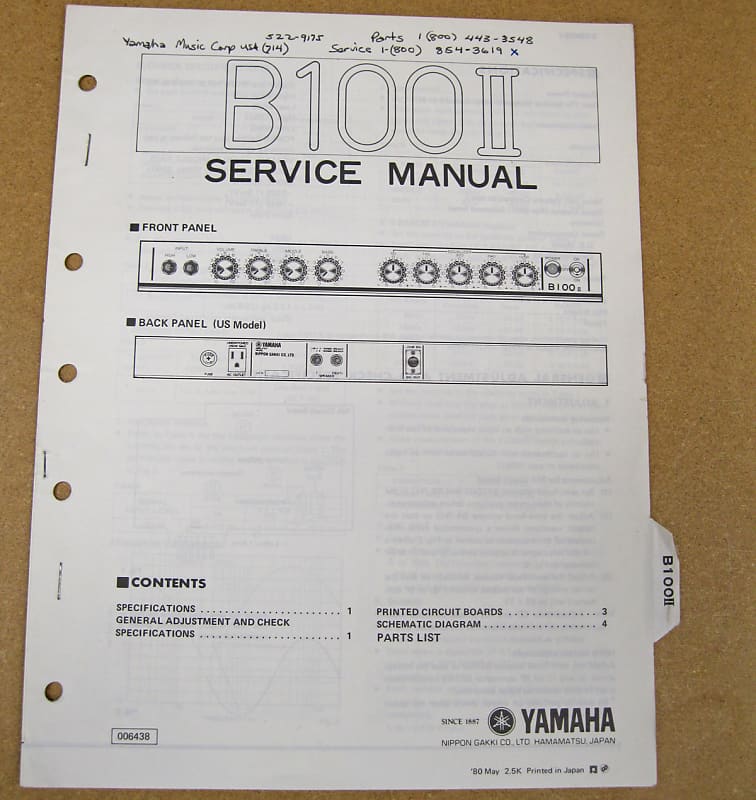 Yamaha B100 II Bass Amp Service Manual 1980 | Reverb