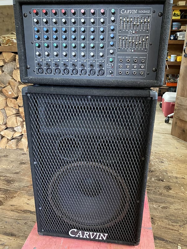 Carvin MX 842 mixer + 2 TR1502 speakerd- black speaker fabric | Reverb