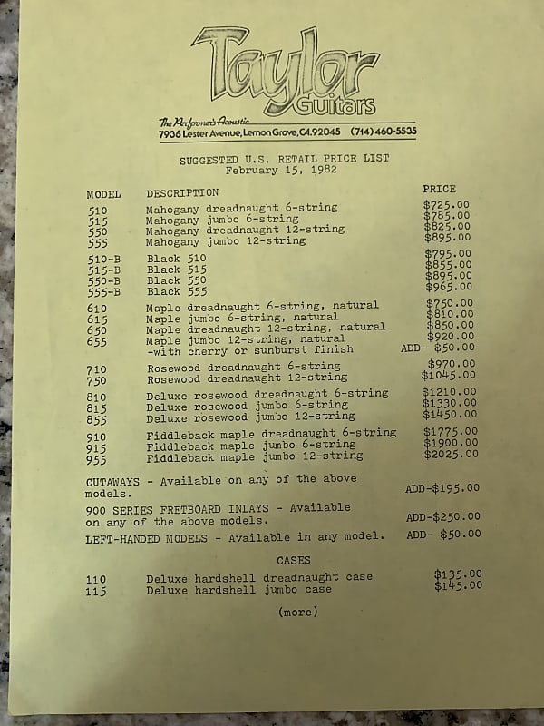 Taylor Price List 1982 910 915 710 715 955 600 700 | Reverb