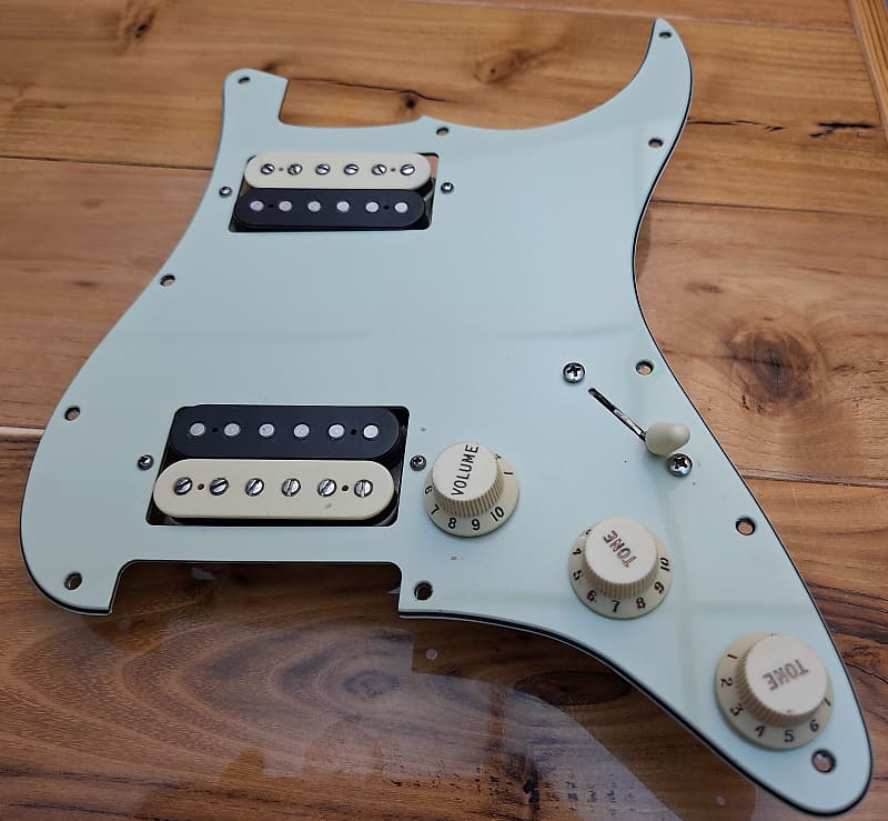 Loaded Mint Green Strat Pickguard with 2 Zebra Shawbucker | Reverb