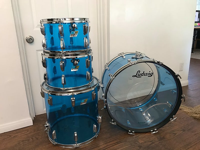 1970 Ludwig Blue Vistalite 4 piece drum kit w/ 3 Soft Cases | Reverb