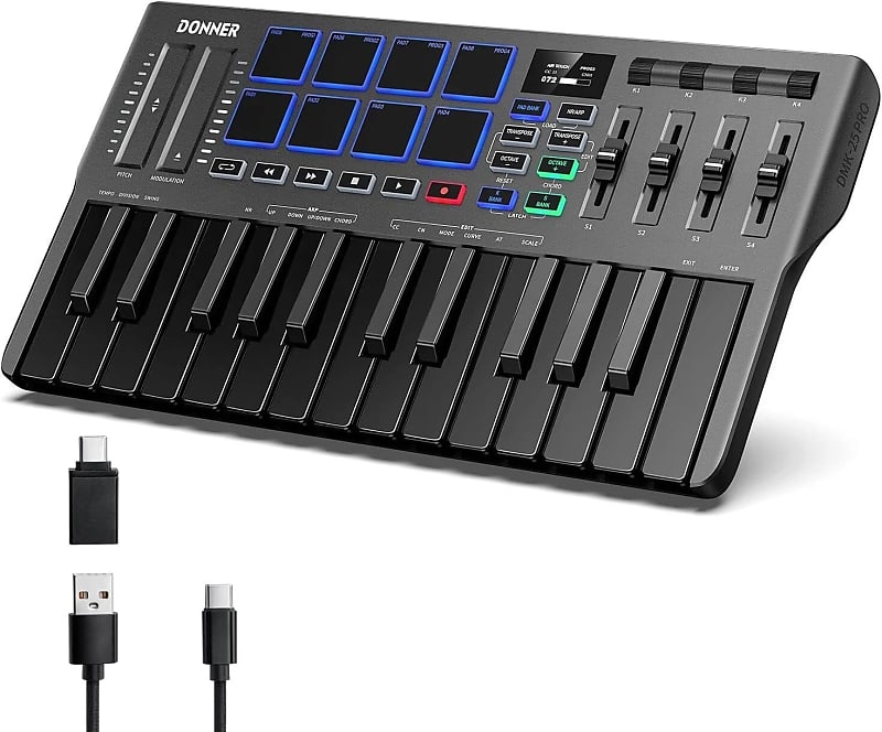 Donner MIDI Keyboard OLED Screen 25 Key 8 Drum Pads Touch Bar | Reverb