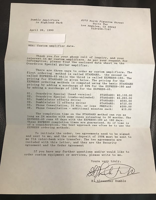 Dumble - Letter, Data Sheet, Order Form, & Agreement | Reverb UK